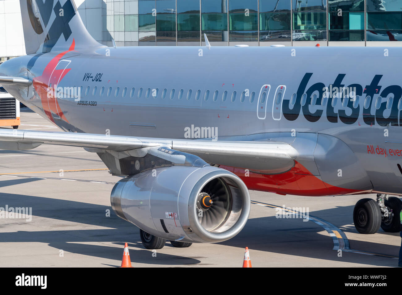 Brisbane, Australia - Sept 15 2019: Side, wing and engine of a Jetstar ...