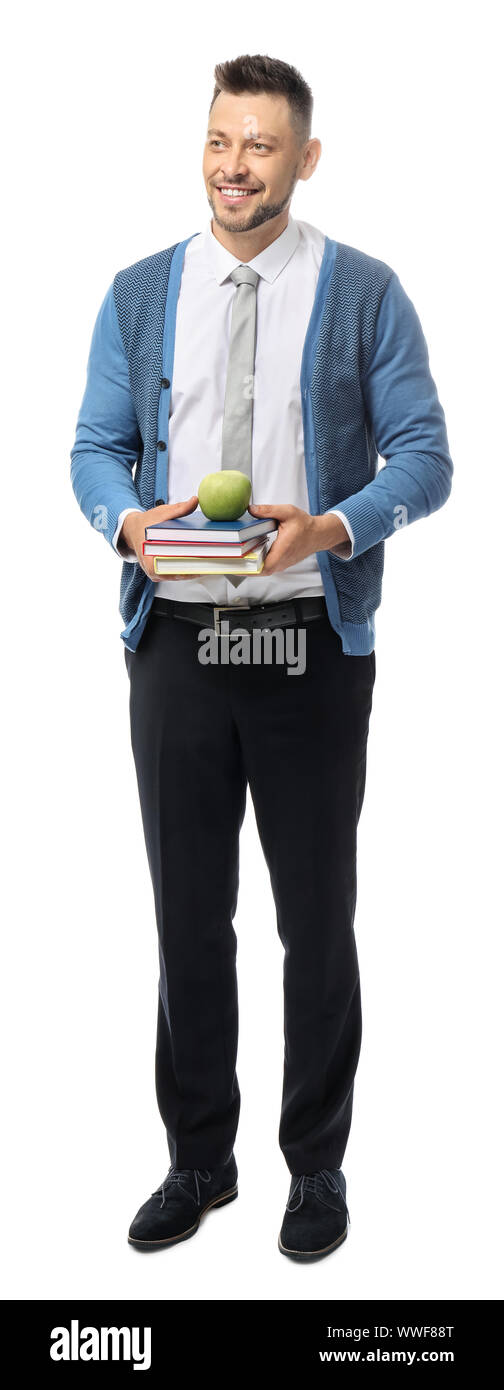 Handsome male teacher with books on white background Stock Photo - Alamy