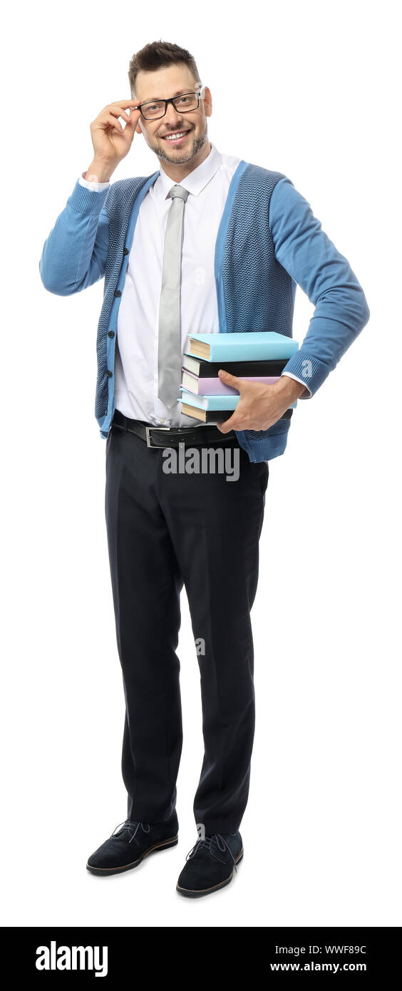 Handsome male teacher with books on white background Stock Photo - Alamy