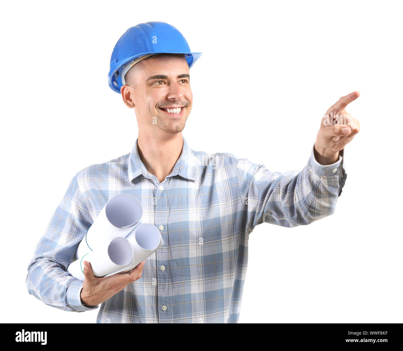 Handsome male architect pointing at something on white background Stock ...