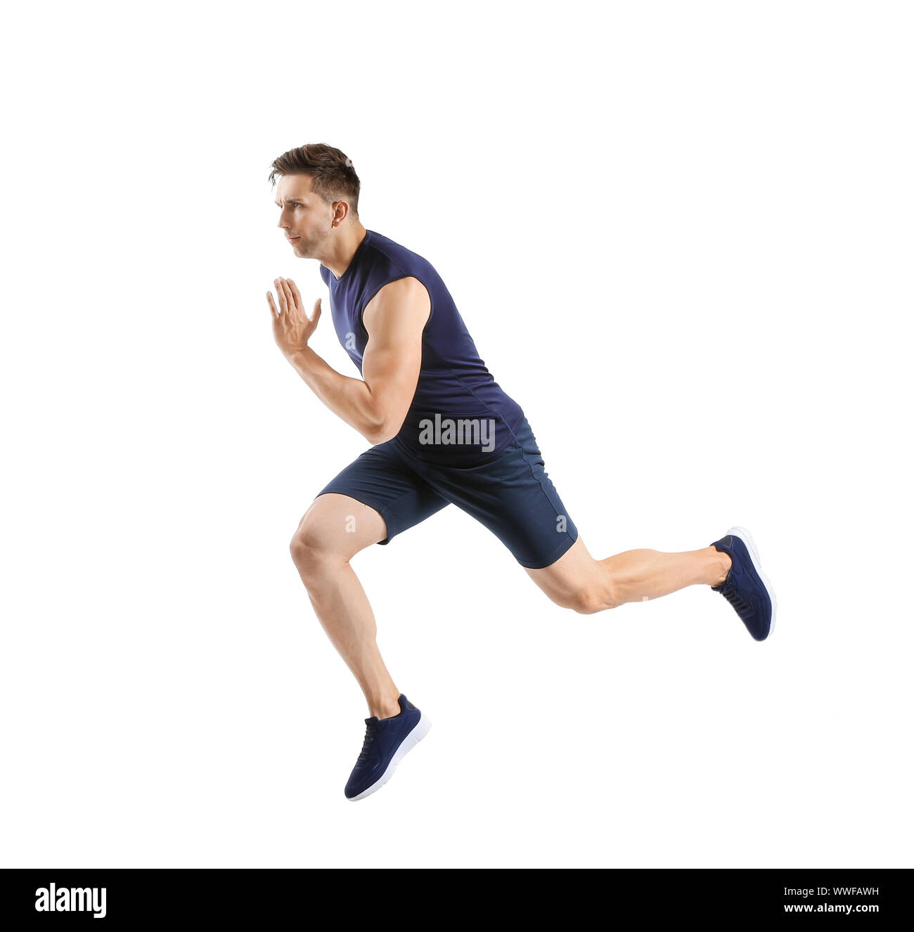 Running young man on white background Stock Photo - Alamy