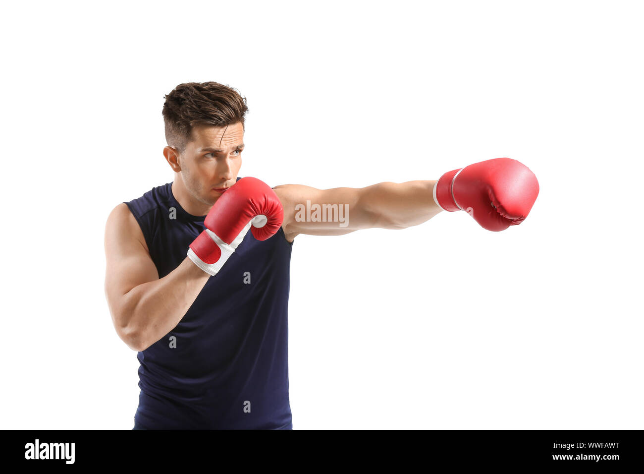 Sporty male boxer on white background Stock Photo - Alamy