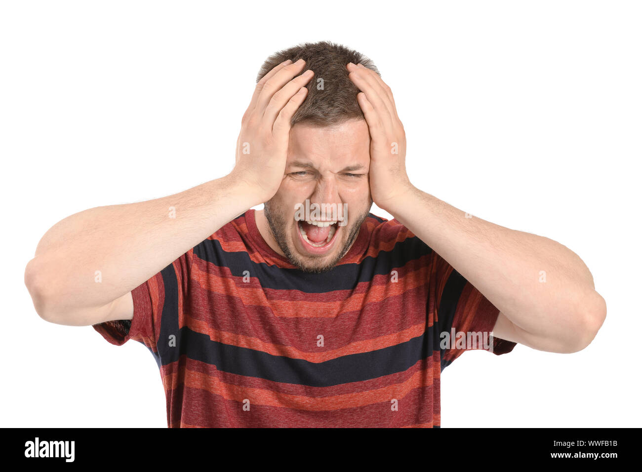 Man having panic attack on white background Stock Photo - Alamy