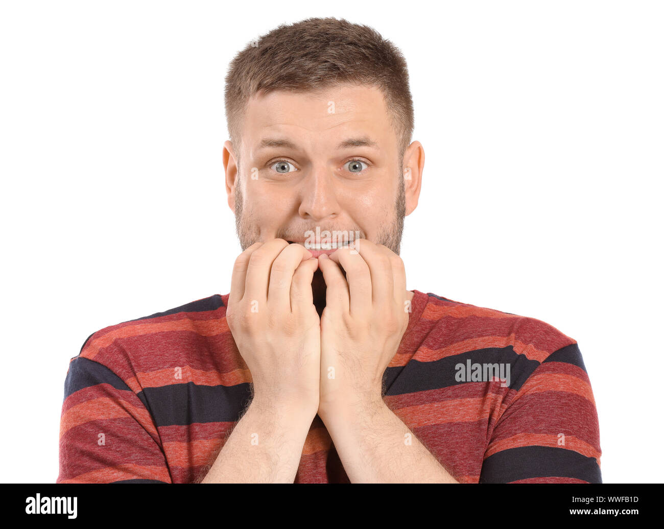 Man having panic attack on white background Stock Photo - Alamy