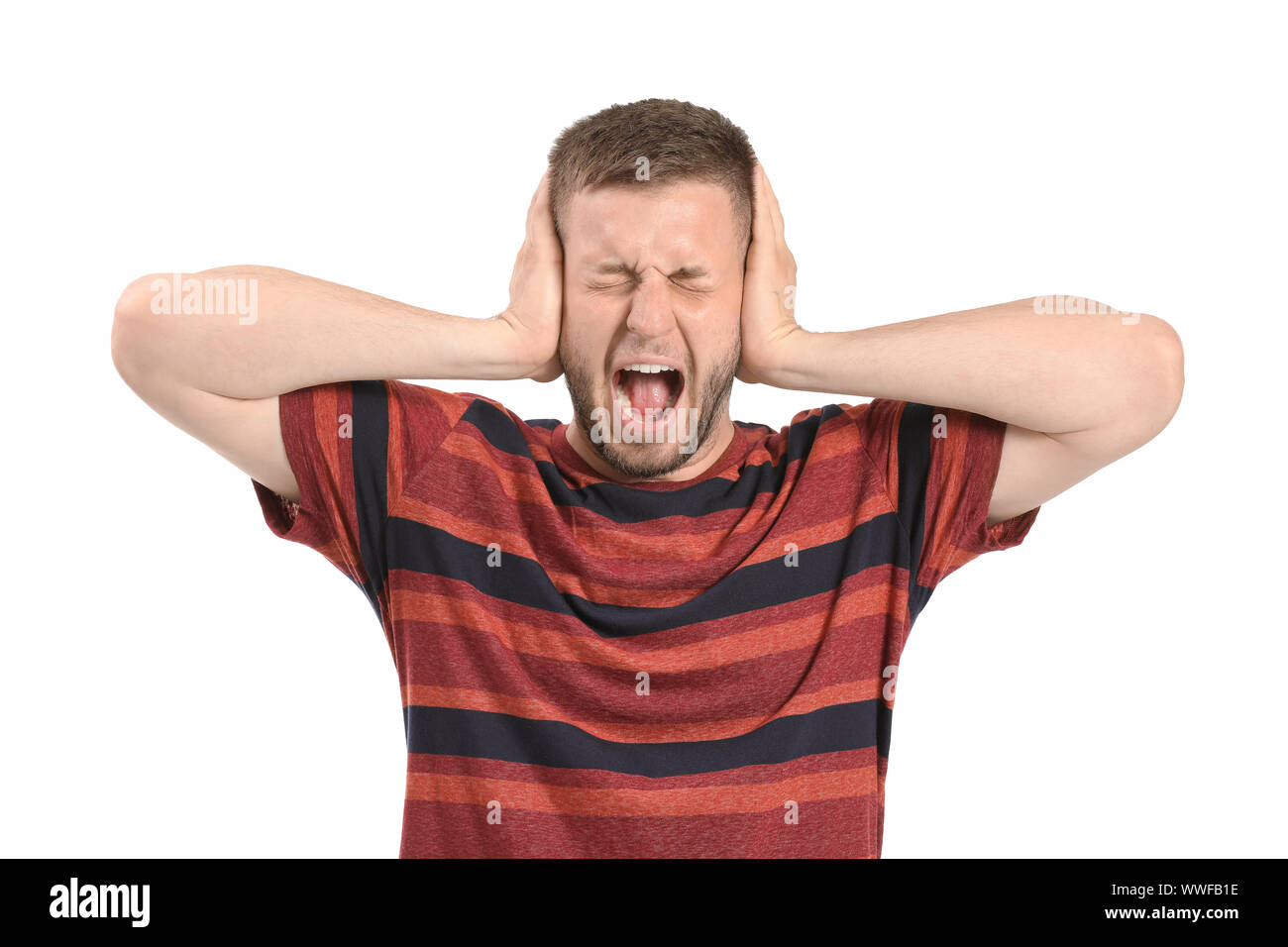 Man having panic attack on white background Stock Photo - Alamy
