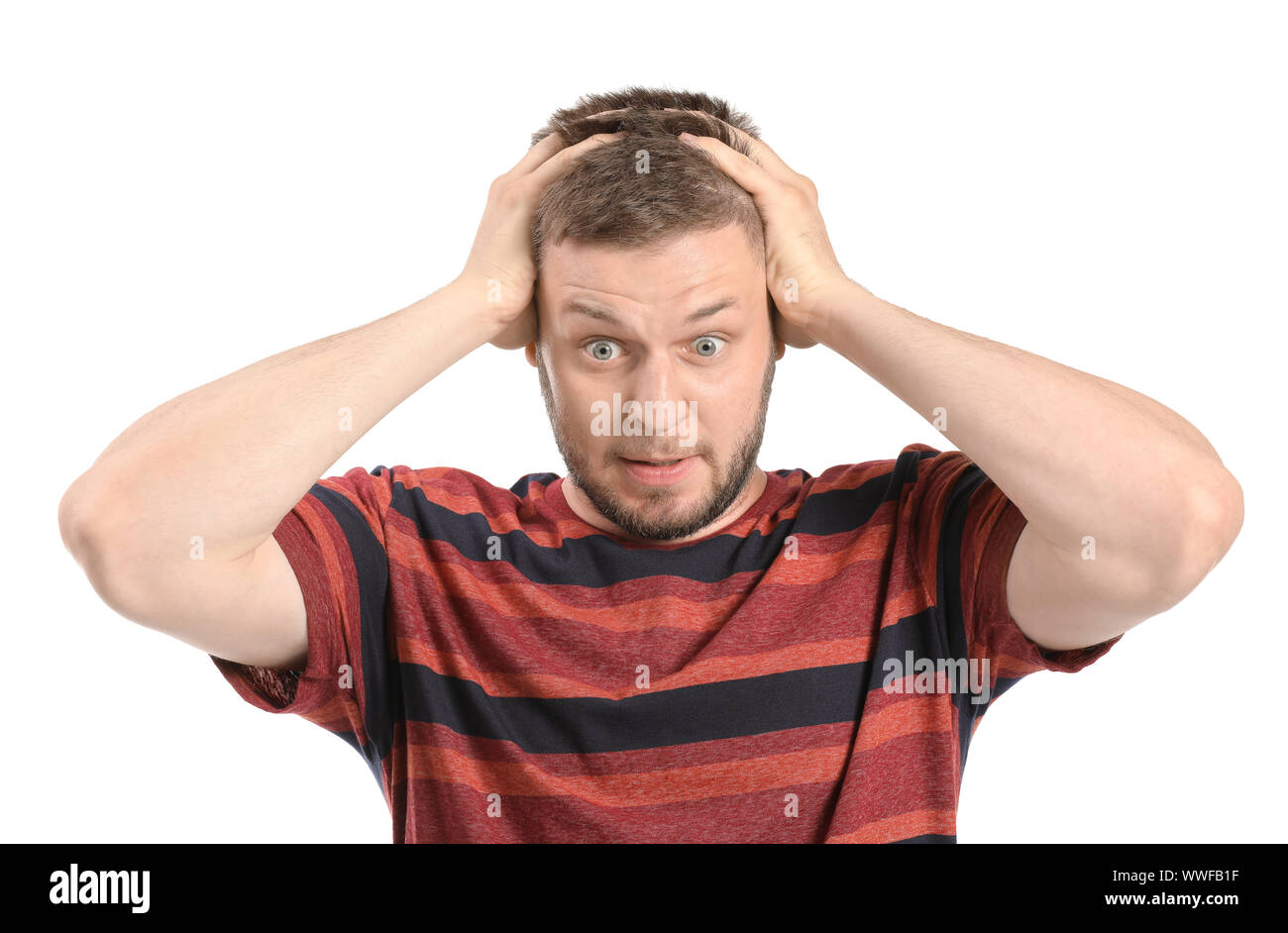 Man having panic attack on white background Stock Photo - Alamy