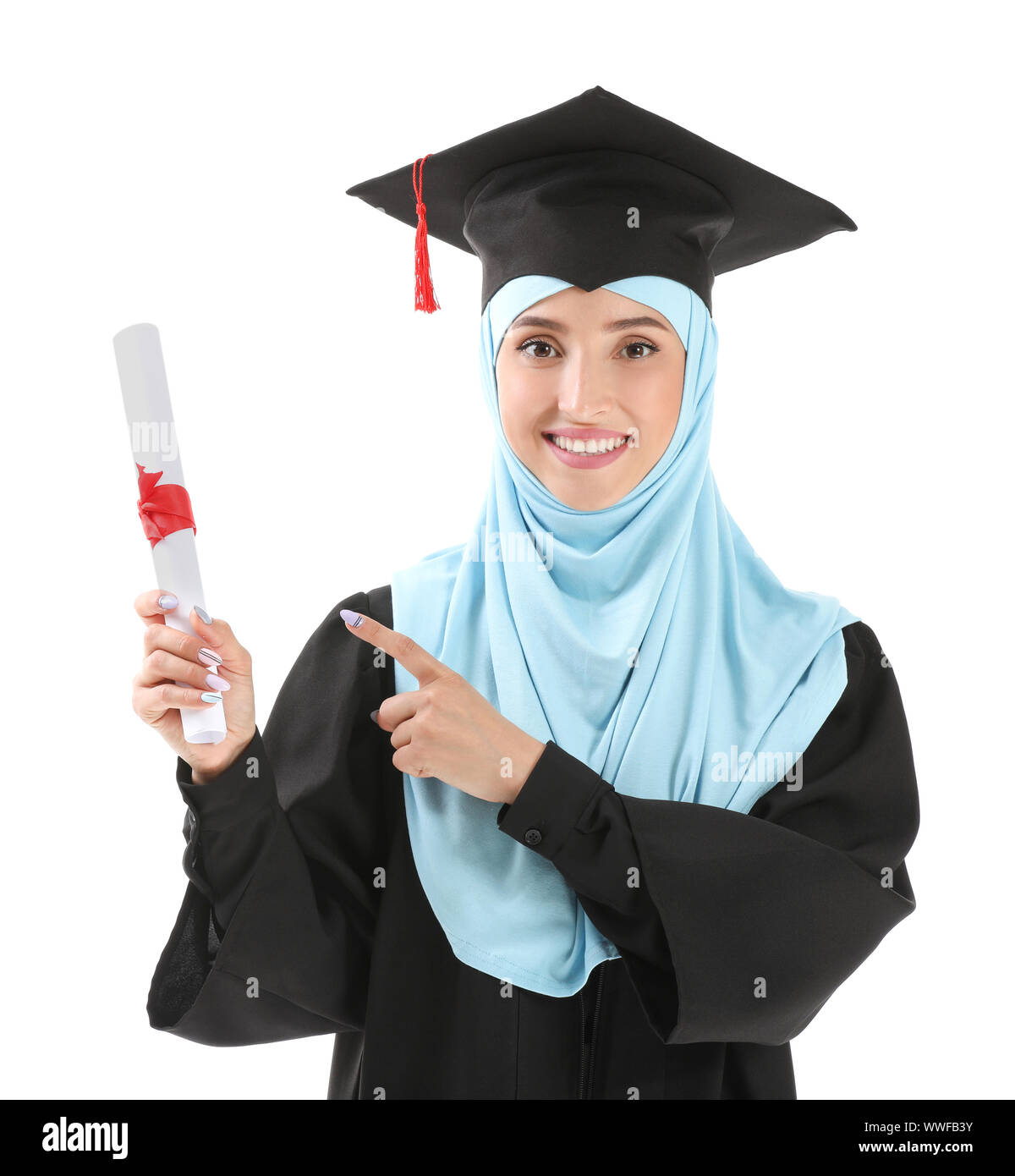 Muslim female graduate with diploma on white background Stock Photo - Alamy