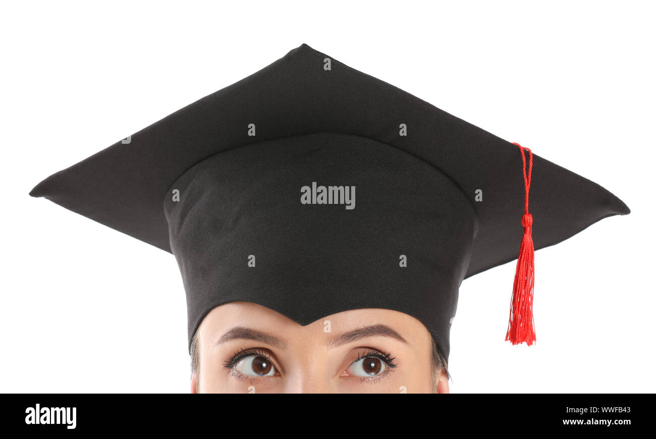 Female graduate on white background Stock Photo - Alamy