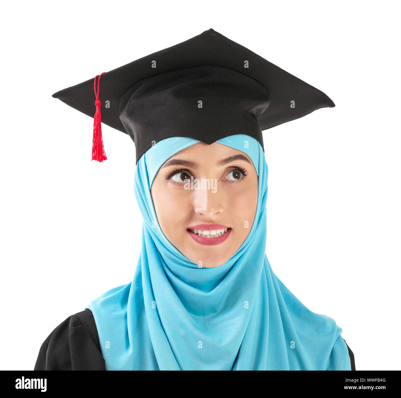 Muslim female graduate on white background Stock Photo - Alamy