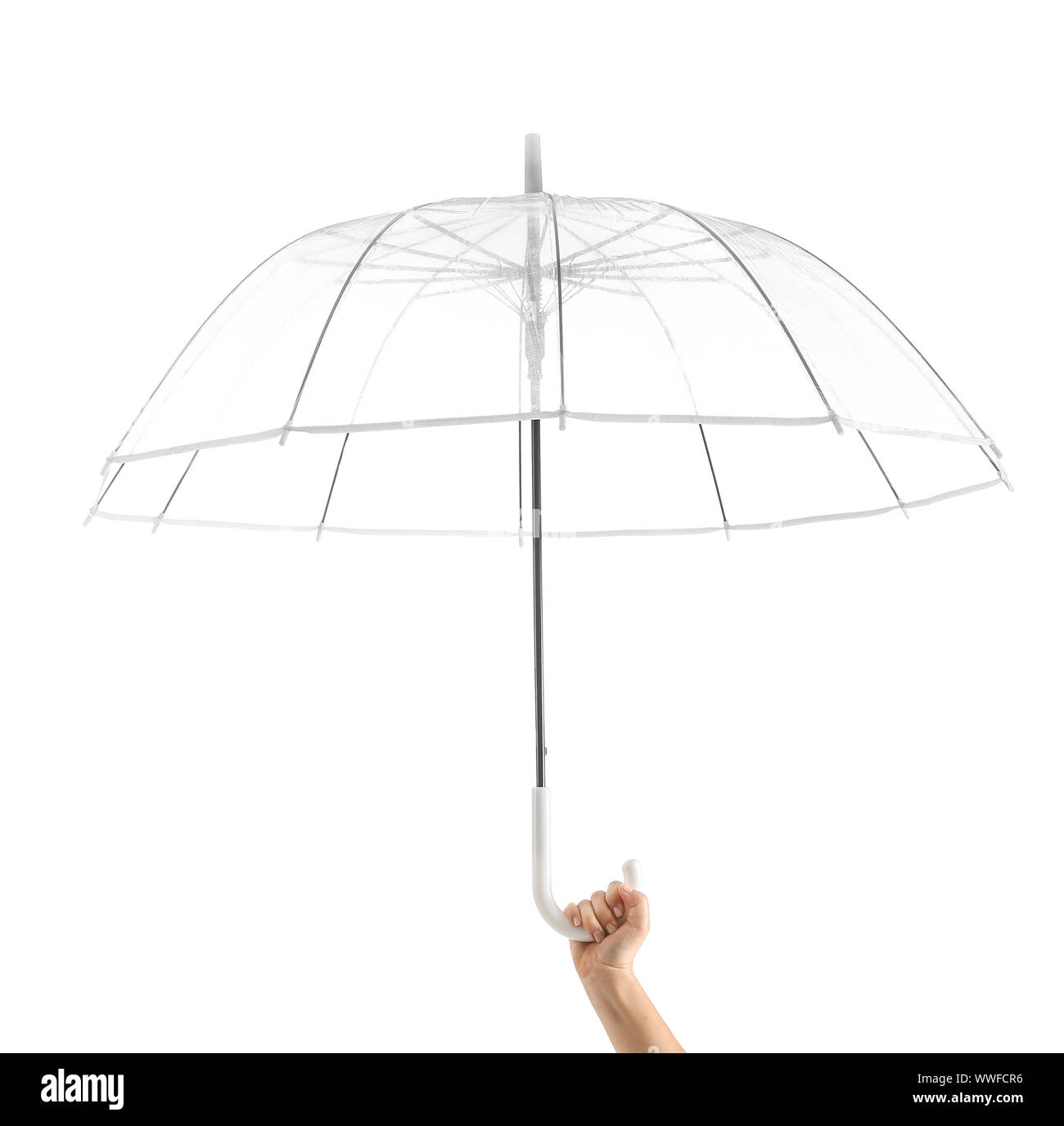 Female hand with stylish transparent umbrella on white background Stock ...