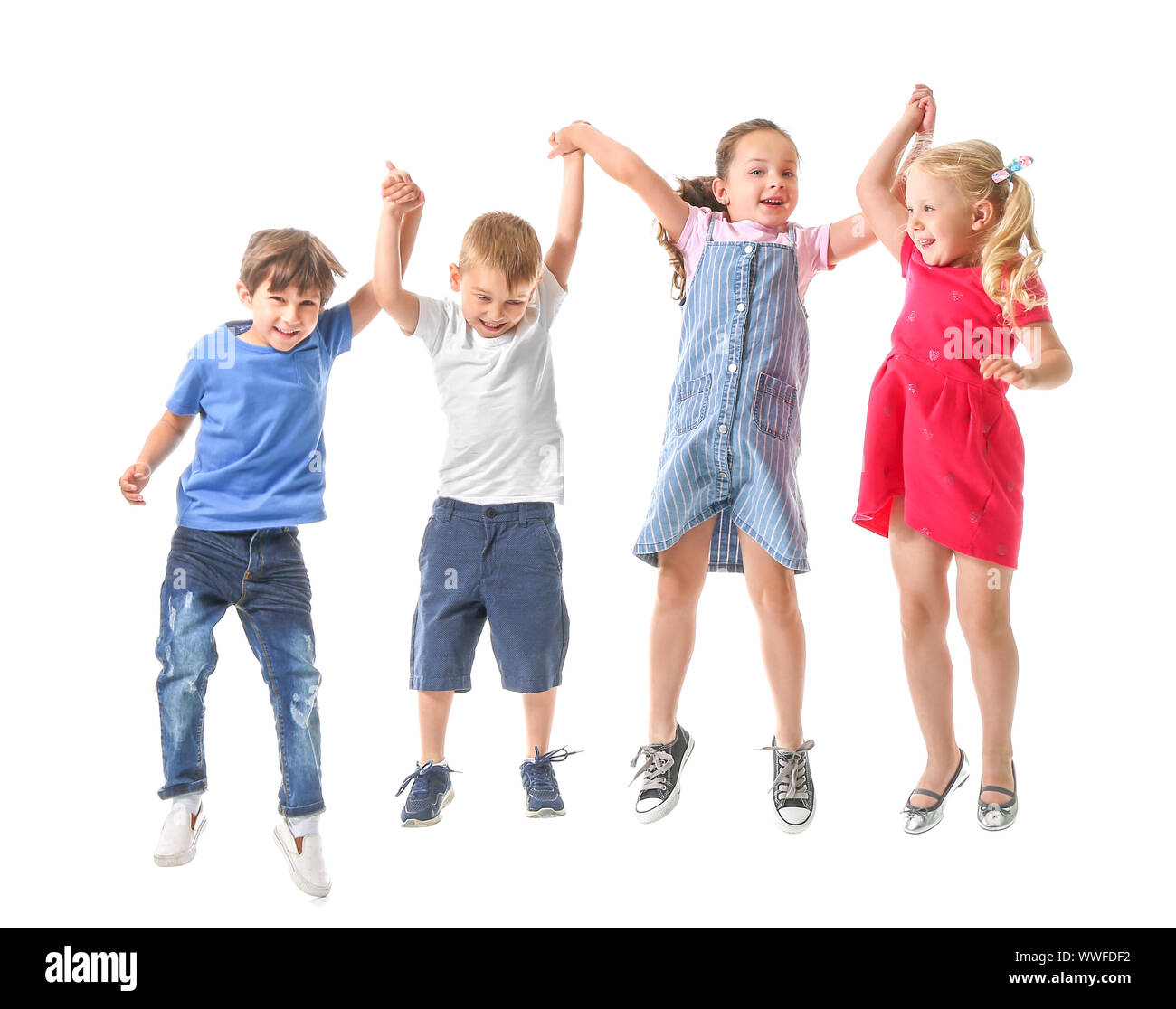 Group of jumping little children on white background Stock Photo - Alamy