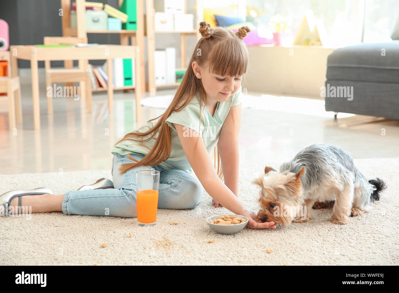 Careless little girl with dog eating nuts and drinking juice while ...