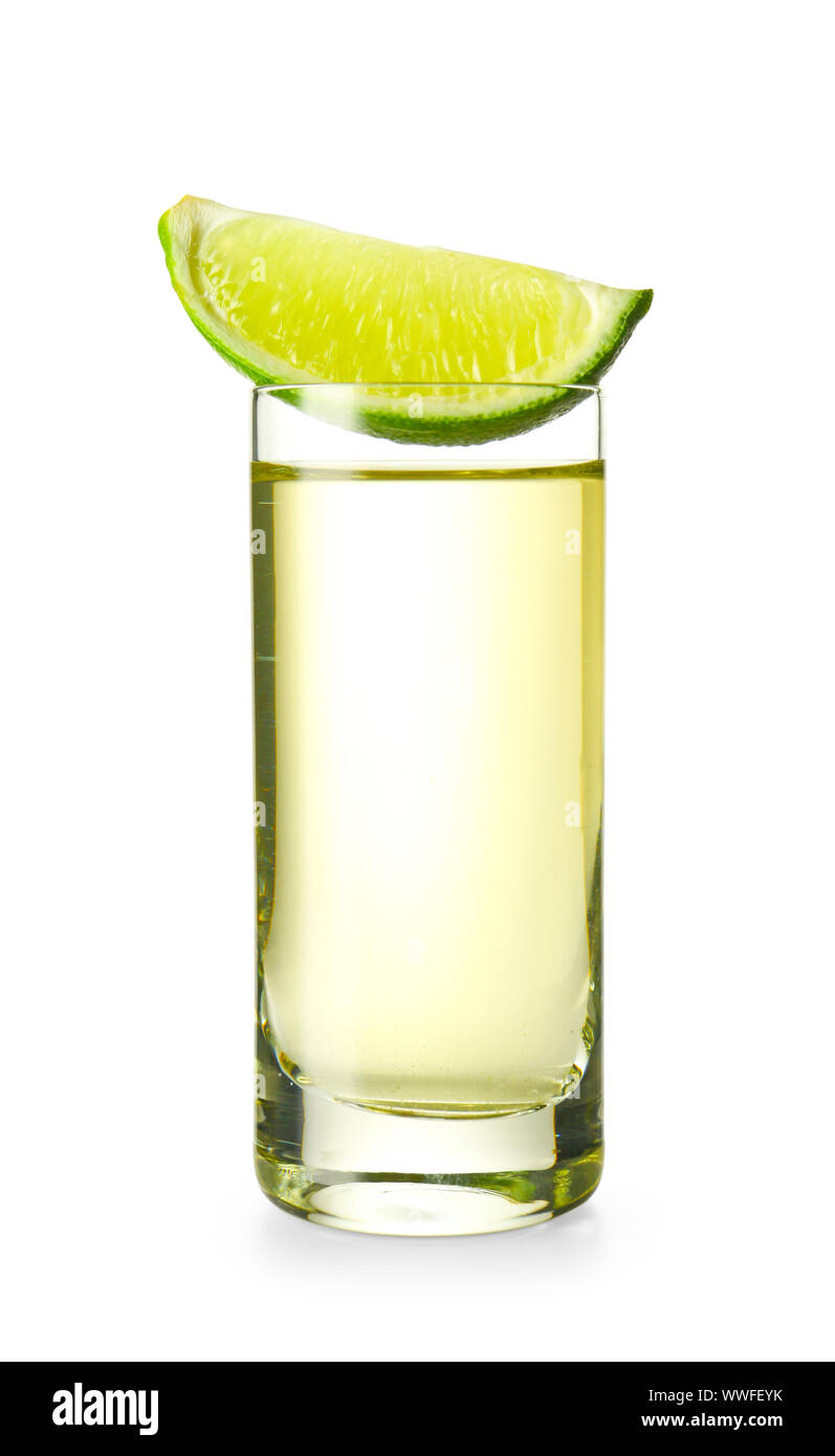 Shot of tequila on white background Stock Photo - Alamy