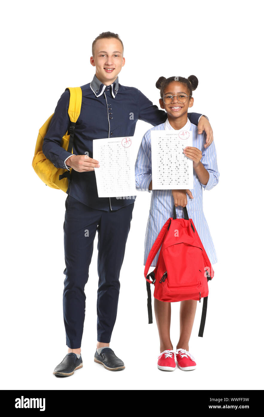 Happy classmates with results of school test on white background Stock ...