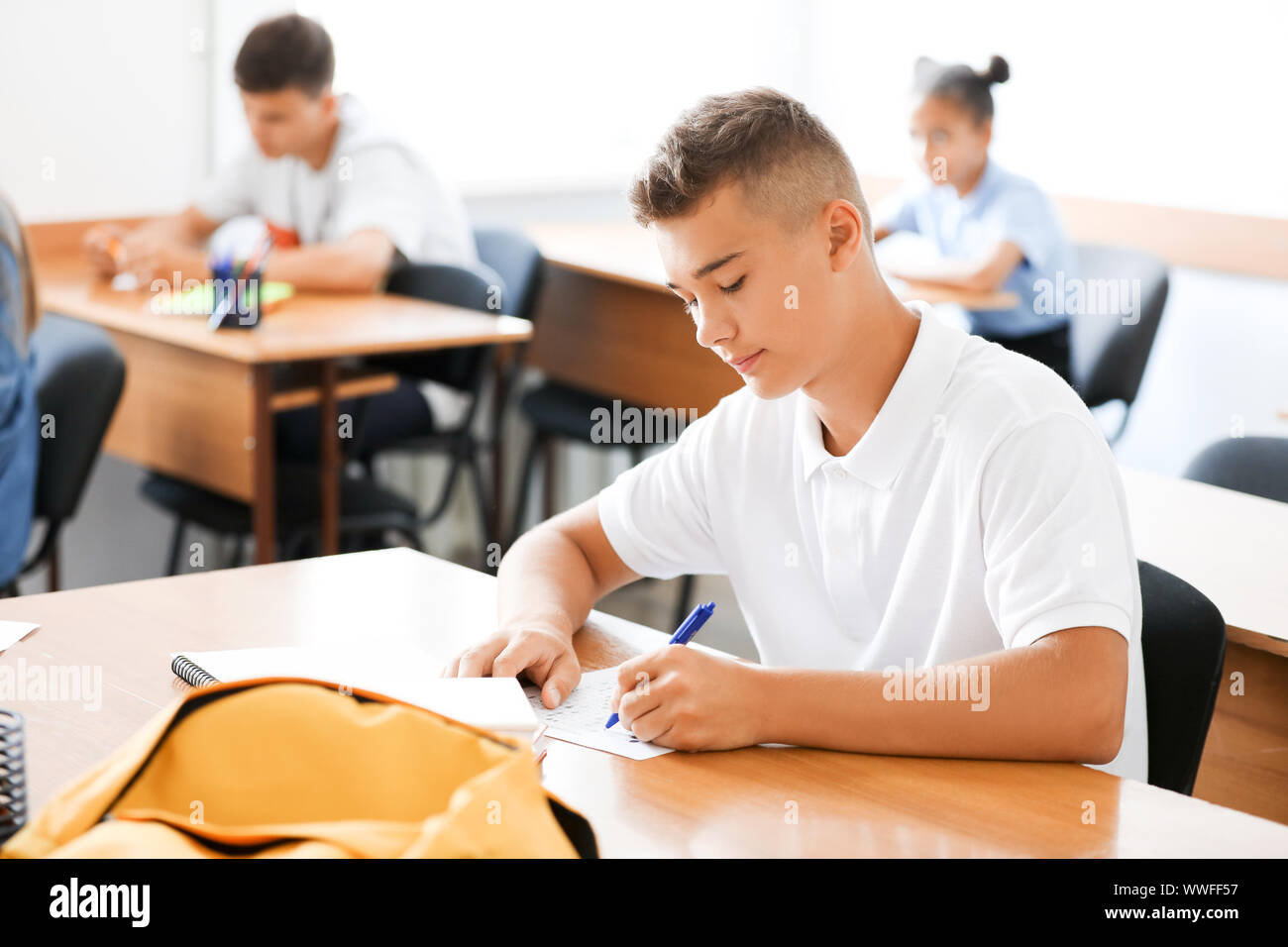 Teenage boy passing school test in classroom Stock Photo - Alamy