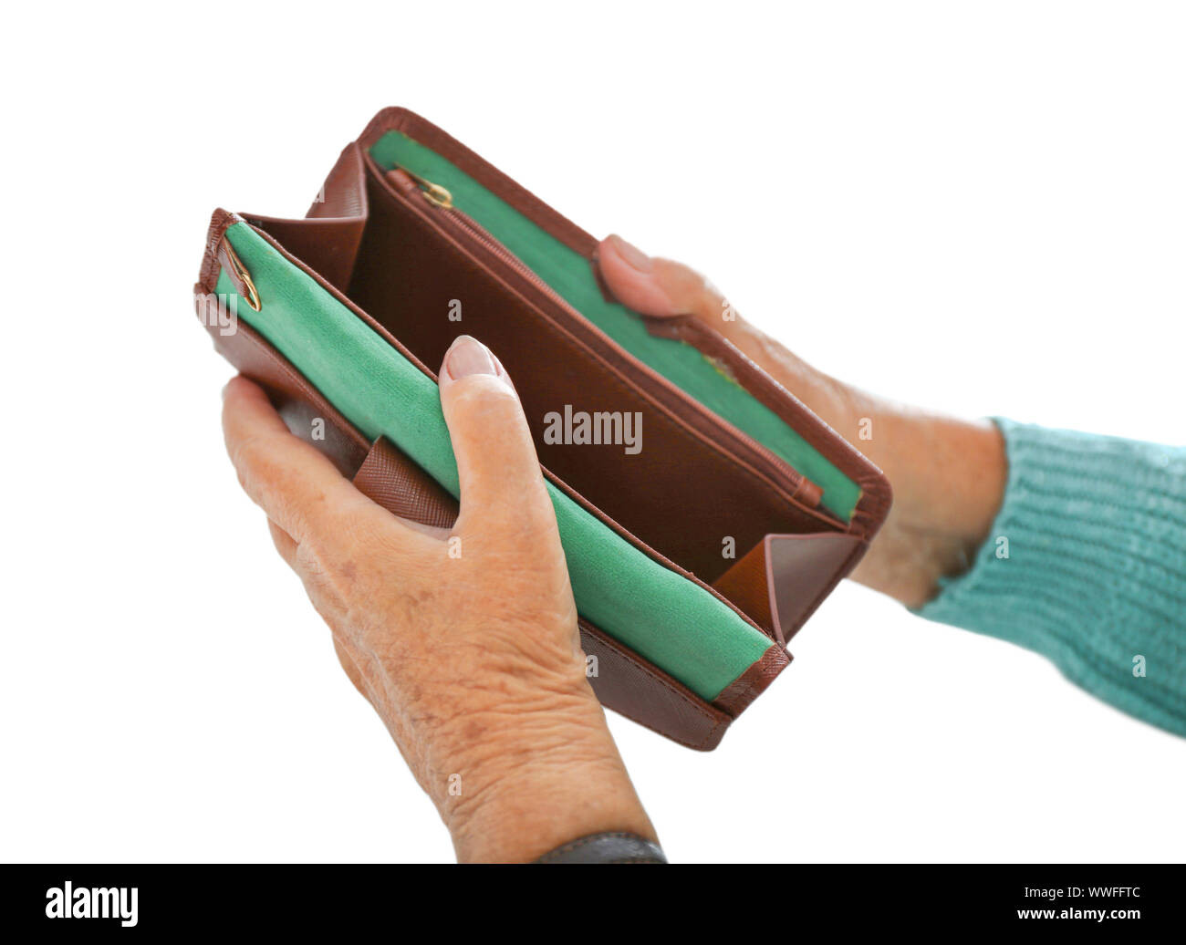 Hands of elderly woman with empty wallet on white background. Concept ...