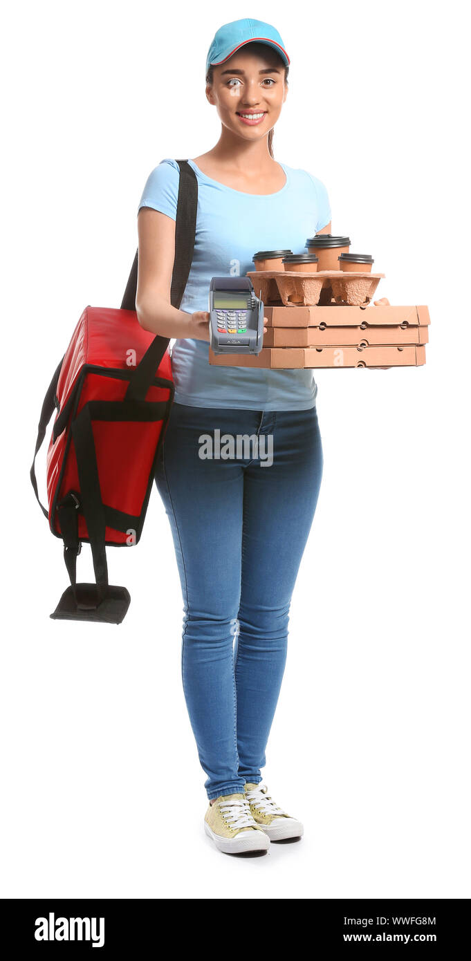 Female worker of food delivery service with payment terminal on white ...