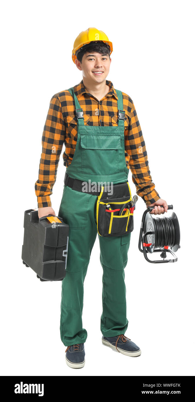 Male electrician on white background Stock Photo - Alamy