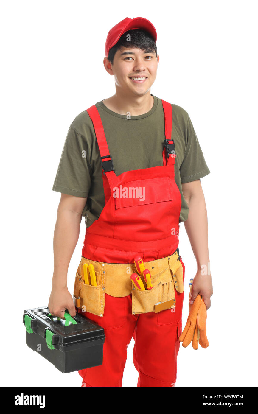 Male electrician with tools on white background Stock Photo - Alamy