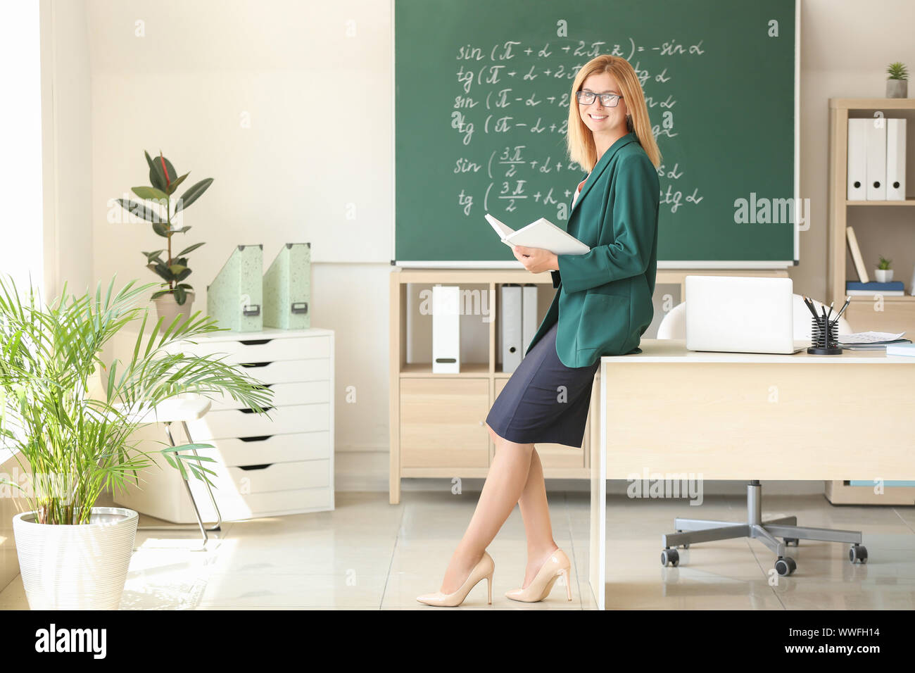 Beautiful female teacher in classroom Stock Photo - Alamy
