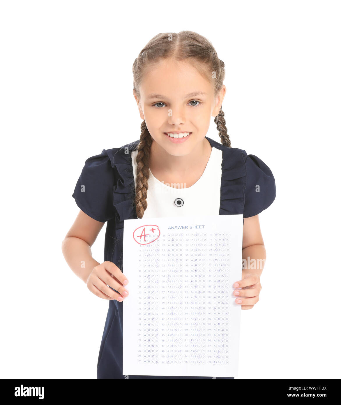 Happy girl with answer sheet for school test on white background Stock ...