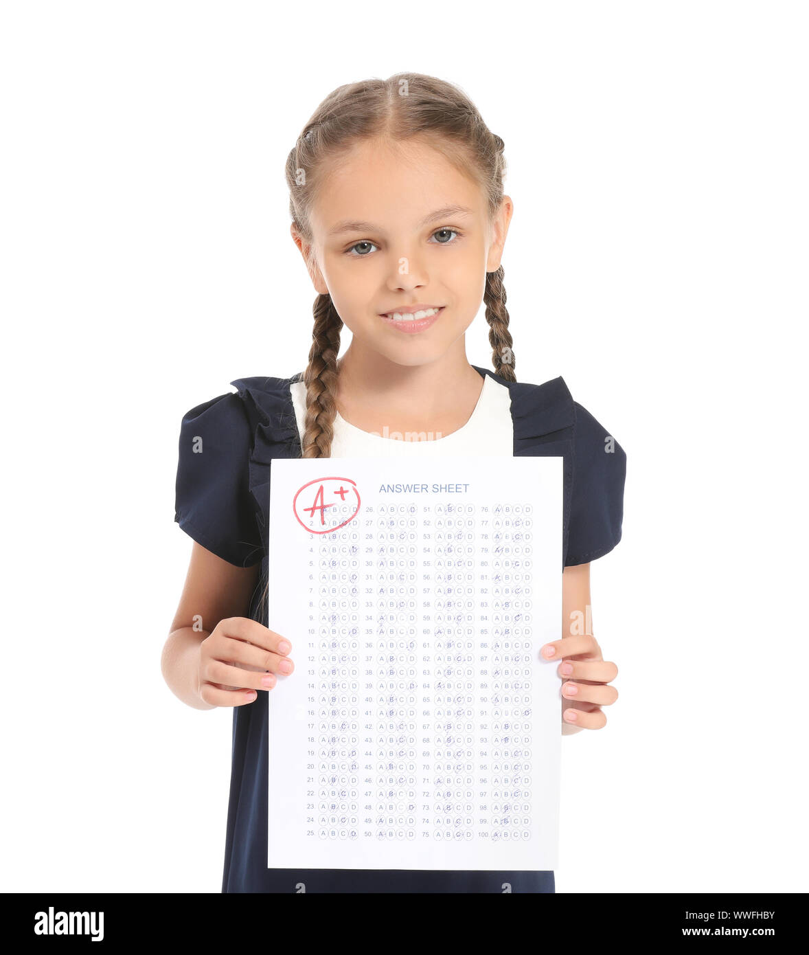 Happy girl with answer sheet for school test on white background Stock ...