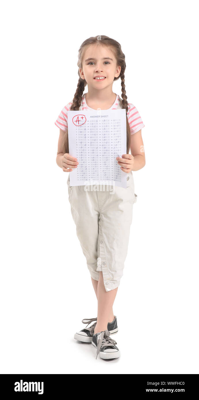Happy girl with answer sheet for school test on white background Stock ...