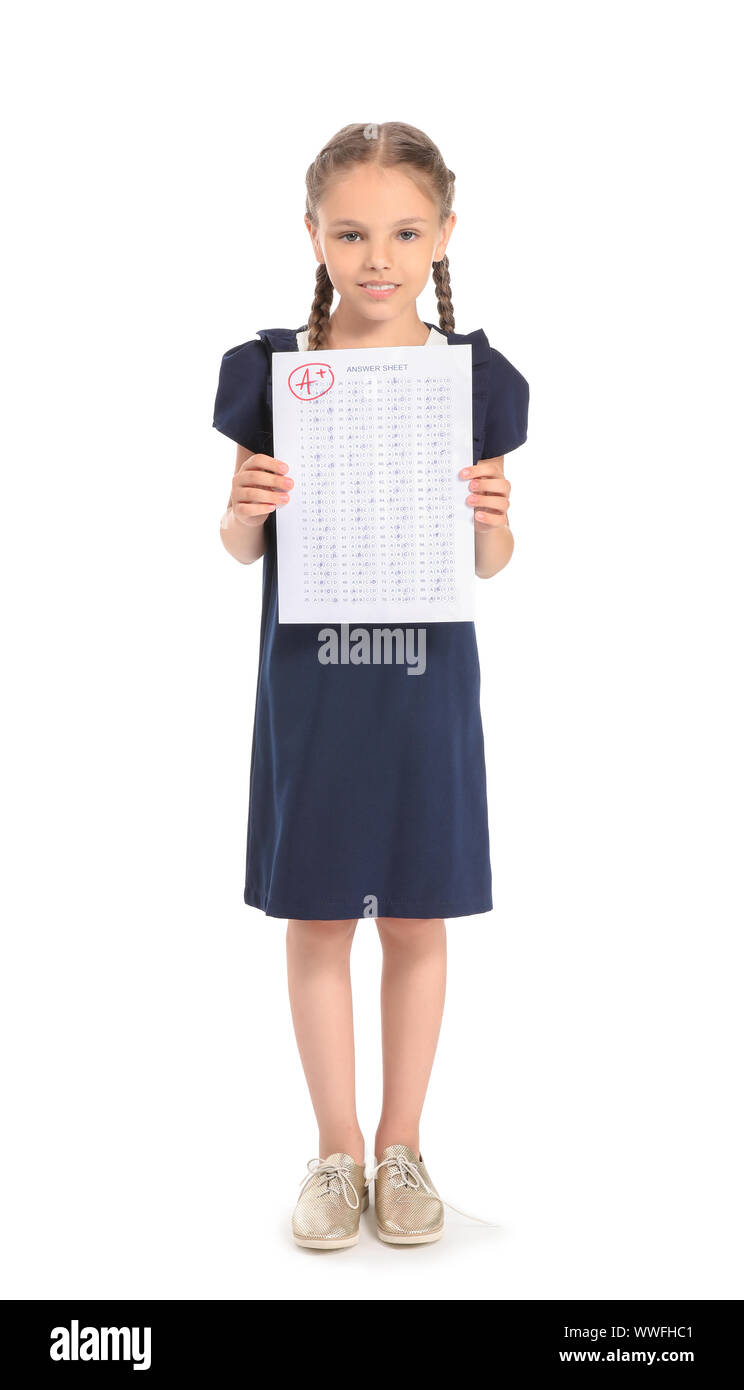 Happy girl with answer sheet for school test on white background Stock ...