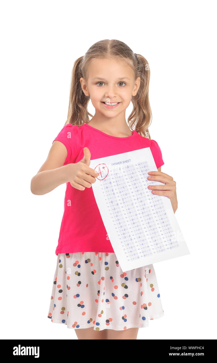 Happy girl with answer sheet for school test on white background Stock ...