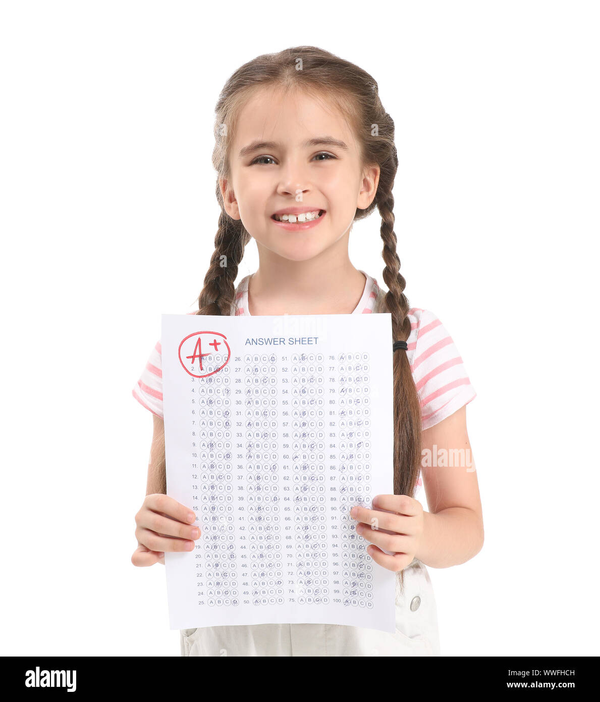Happy girl with answer sheet for school test on white background Stock ...