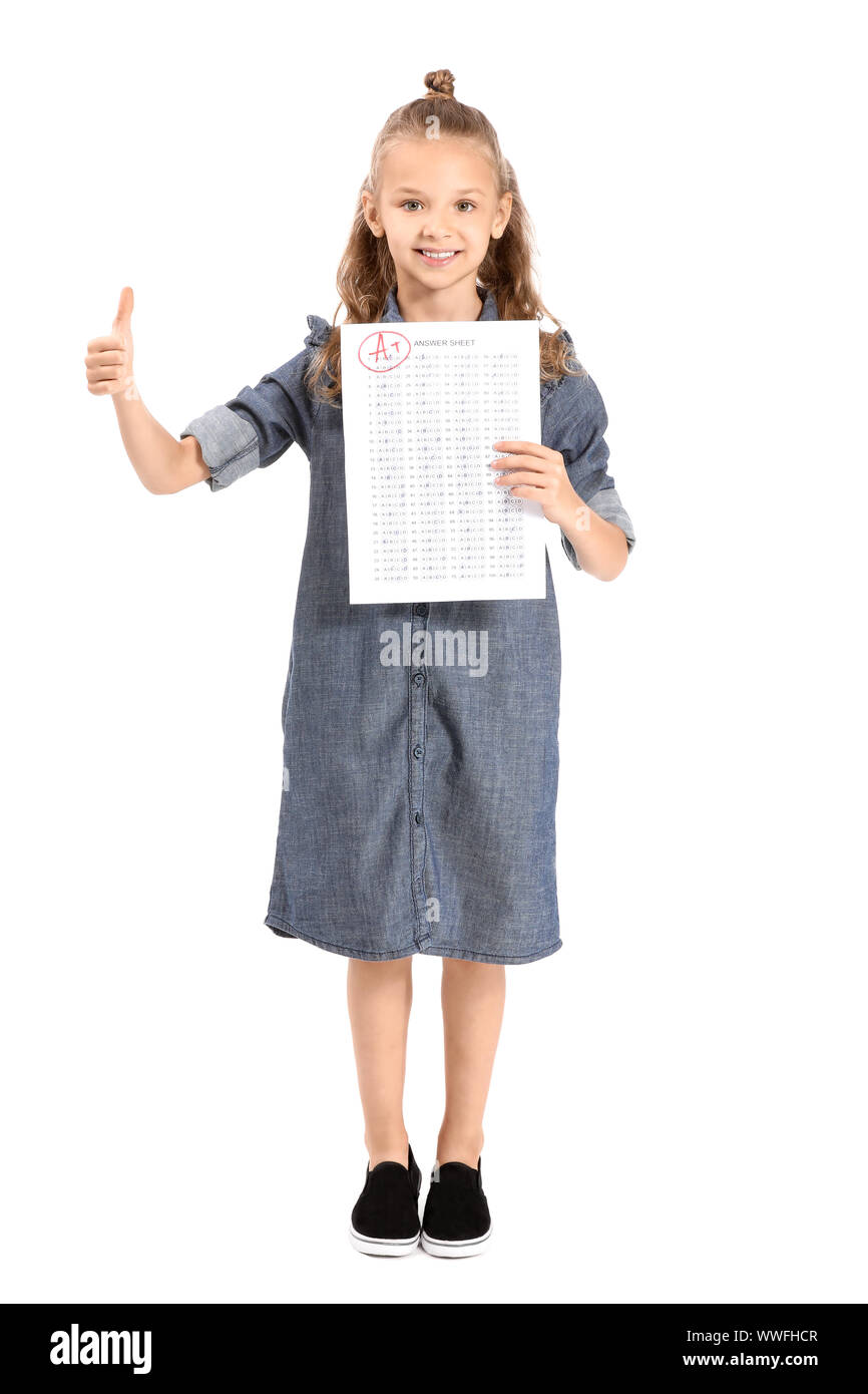 Happy girl with answer sheet for school test on white background Stock ...