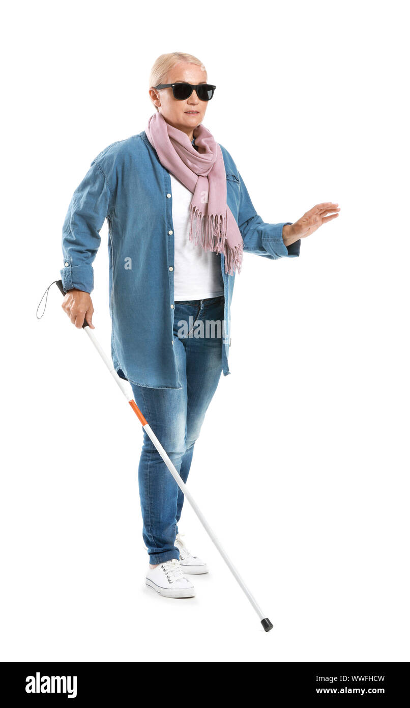 Blind mature woman on white background Stock Photo - Alamy