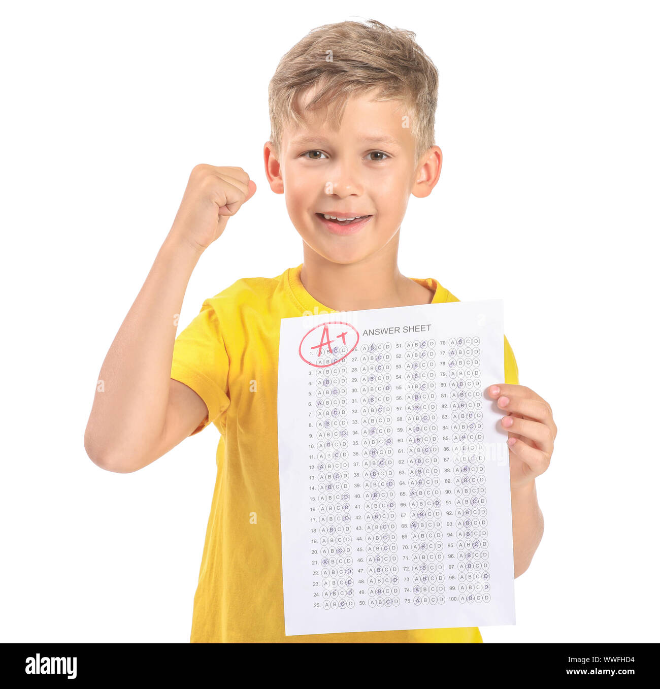 Happy boy with answer sheet for school test on white background Stock ...