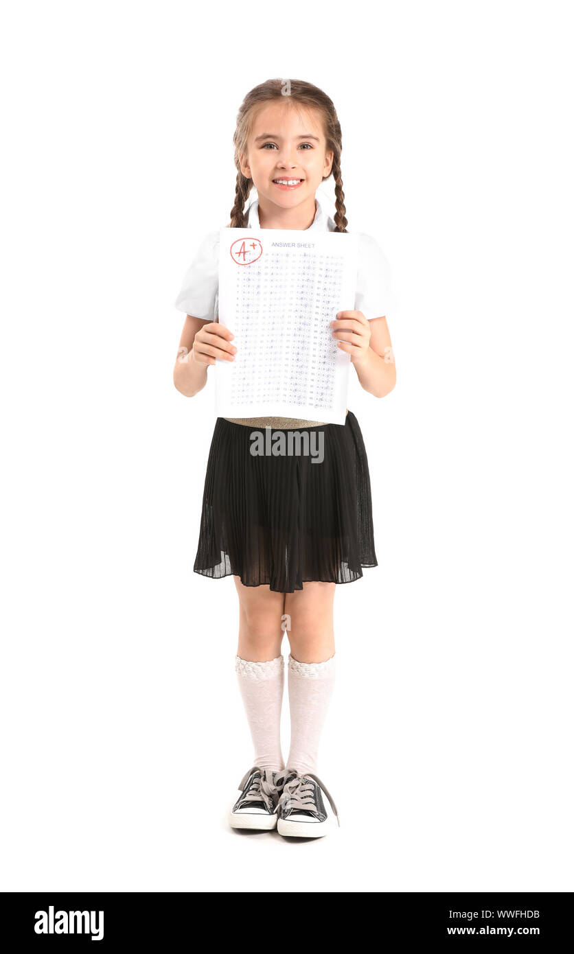 Happy girl with answer sheet for school test on white background Stock ...