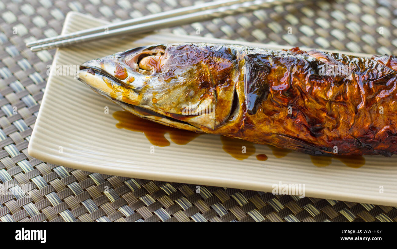 A saba Fish Grilled on a japanese plate Stock Photo - Alamy