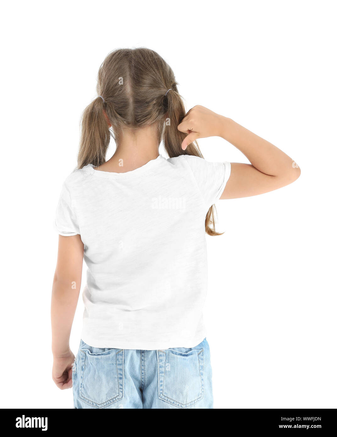Little girl in stylish t-shirt on white background, back view Stock ...
