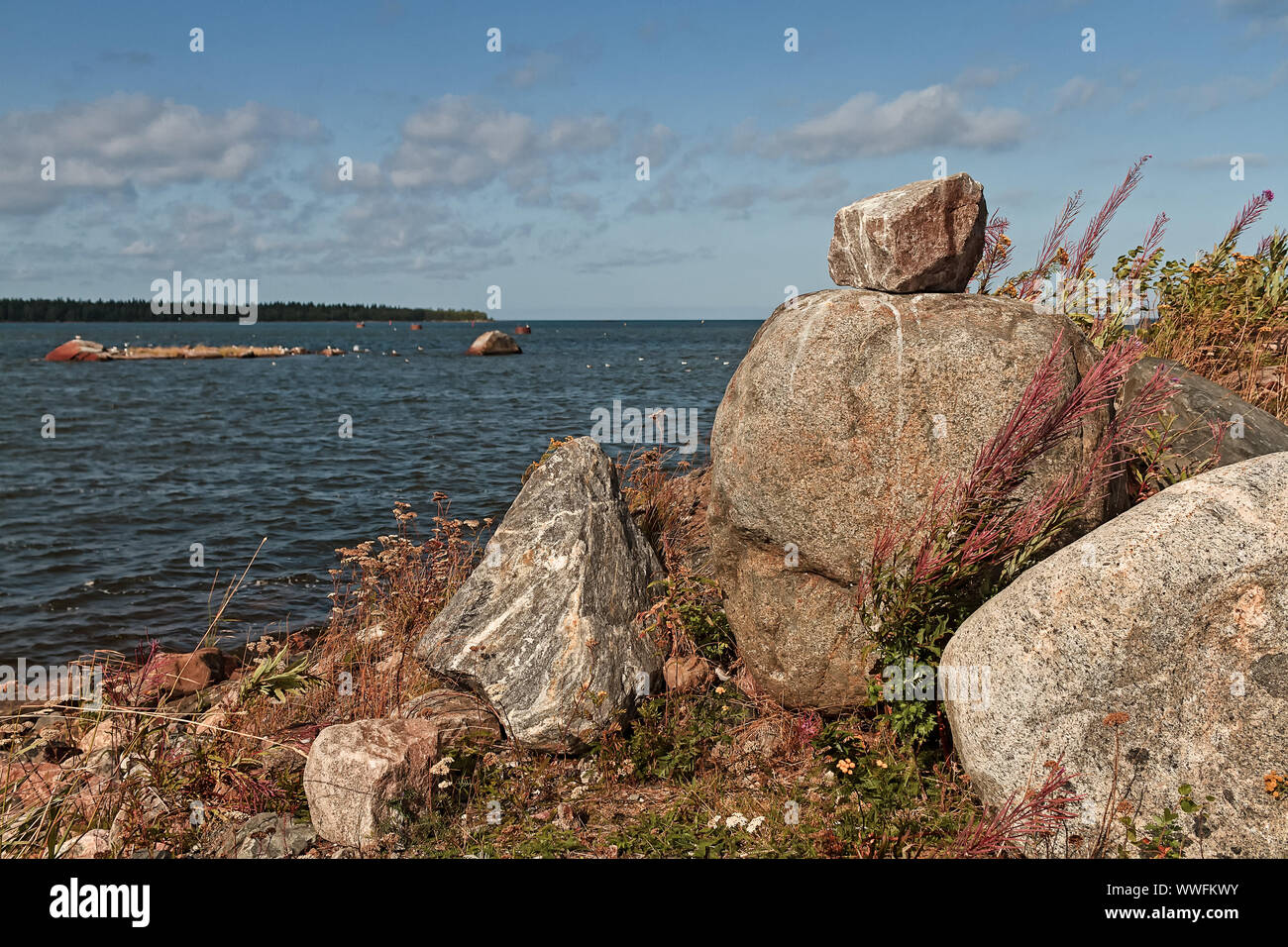 A pile of large rocks by the sea at the fishing harbour of Kalajoki ...