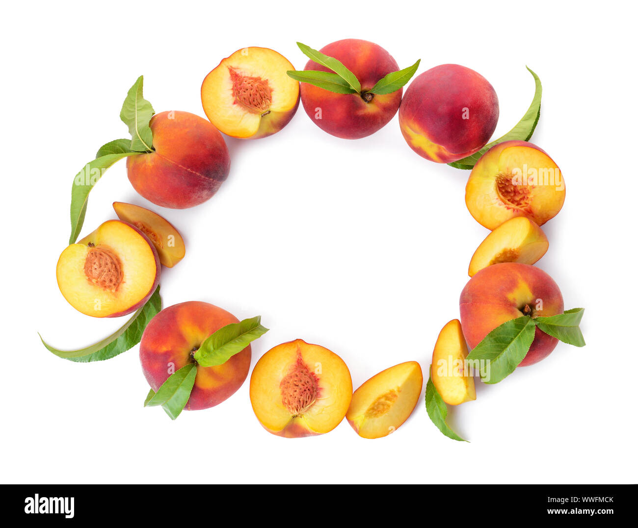 Frame made of ripe peaches on white background Stock Photo - Alamy