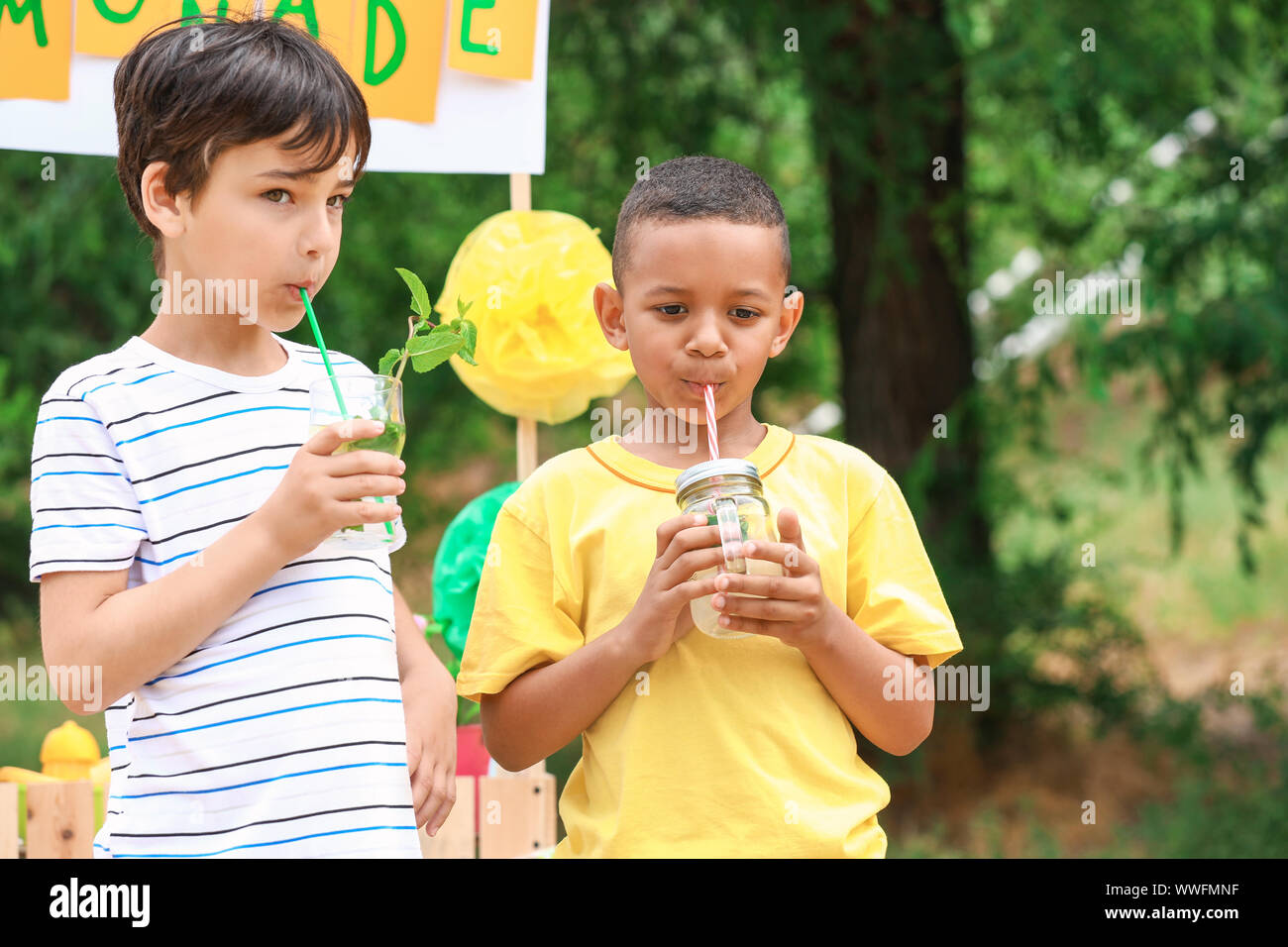 Cute little boys drinking lemonade in park Stock Photo - Alamy