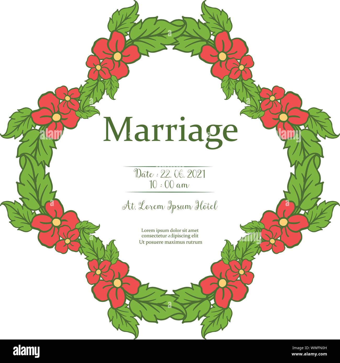 Text card of marriage with elegant style red wreath frame. Vector Stock ...