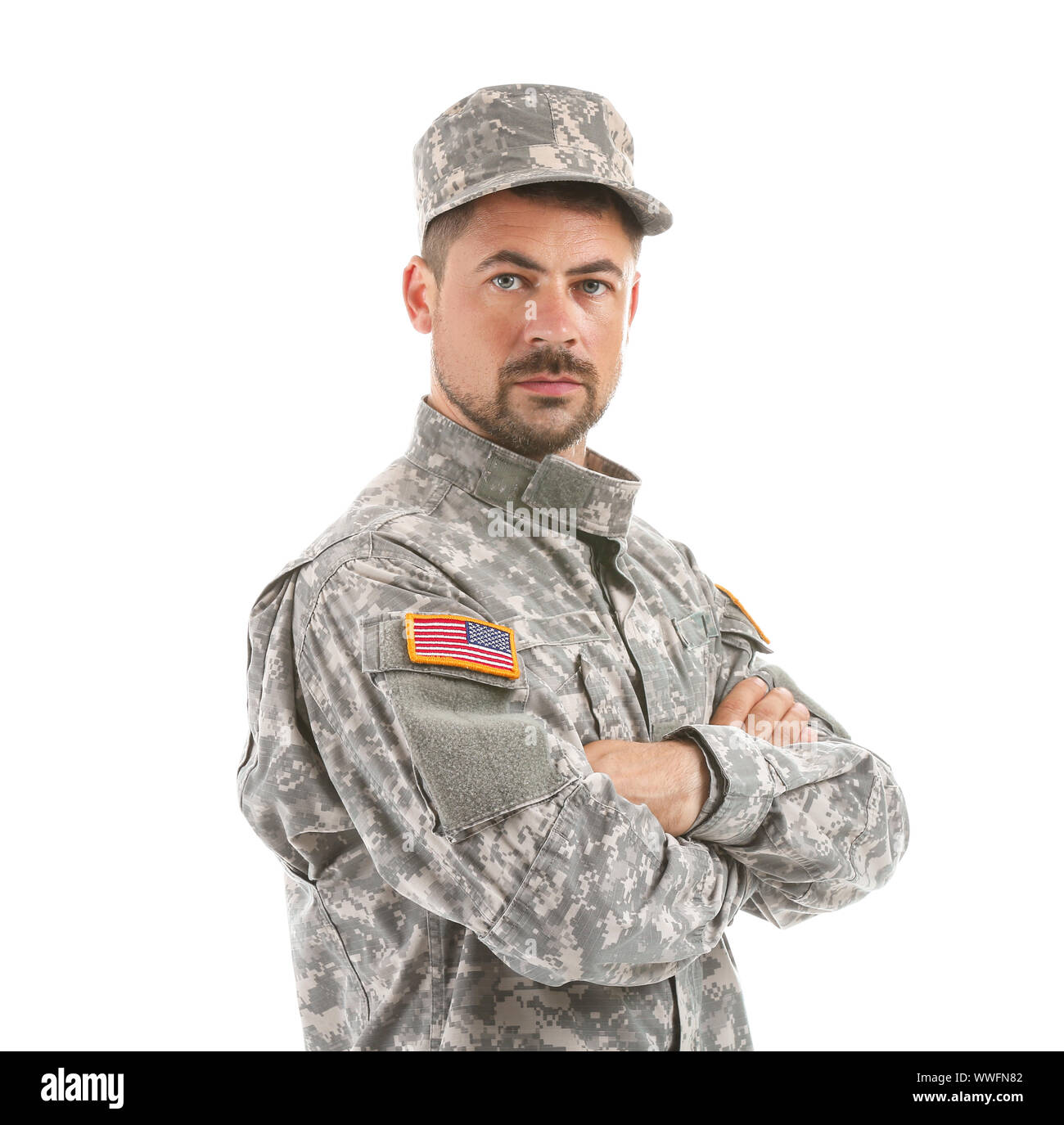 Soldier in camouflage on white background Stock Photo - Alamy