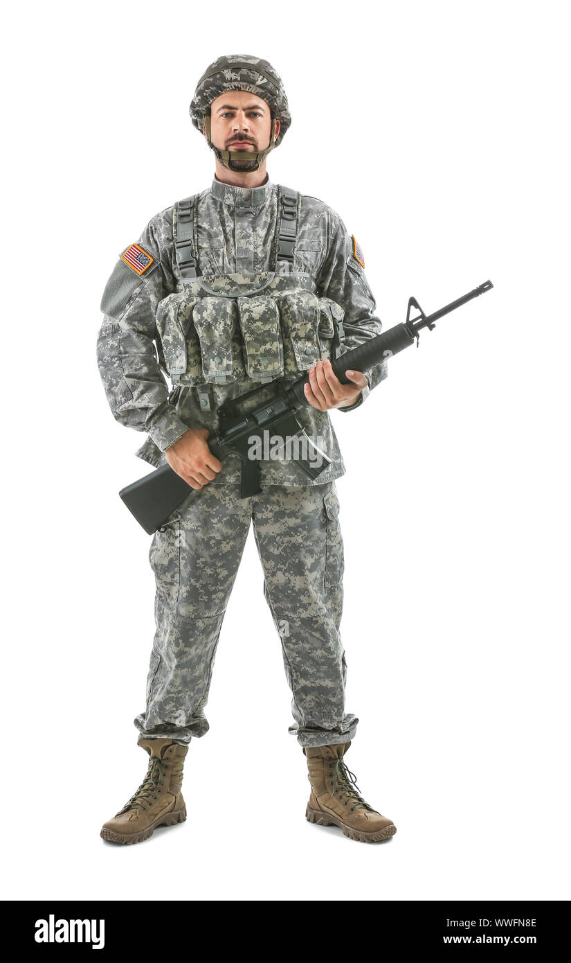 Soldier with assault rifle on white background Stock Photo - Alamy
