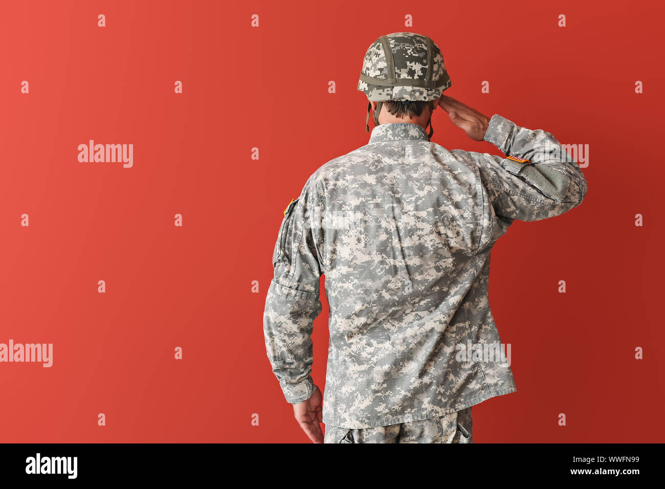 Saluting soldier on color background, back view Stock Photo - Alamy