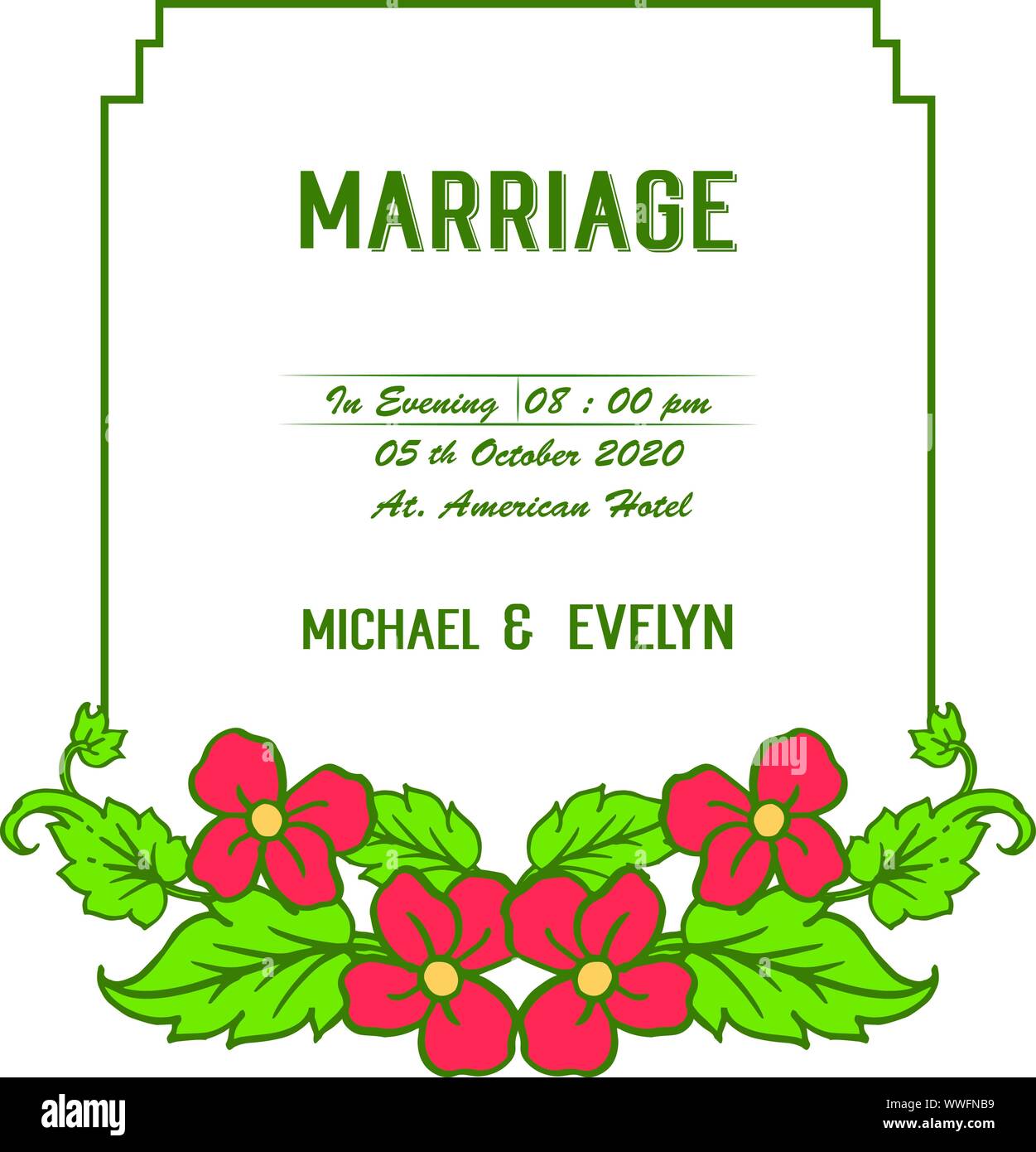 Invitation card of marriage with pattern of green leafy floral frame ...