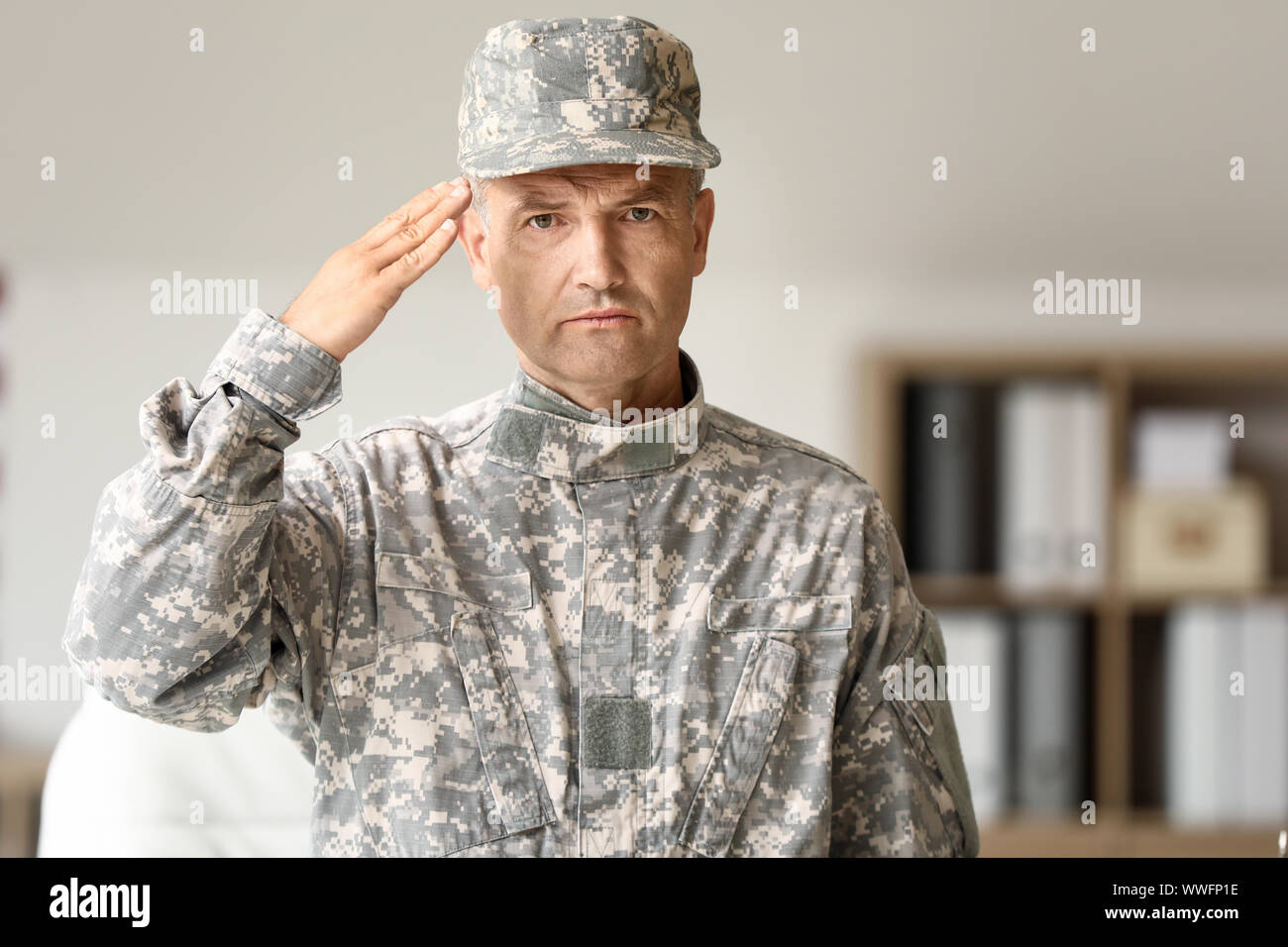 Saluting mature male soldier in headquarters building Stock Photo - Alamy