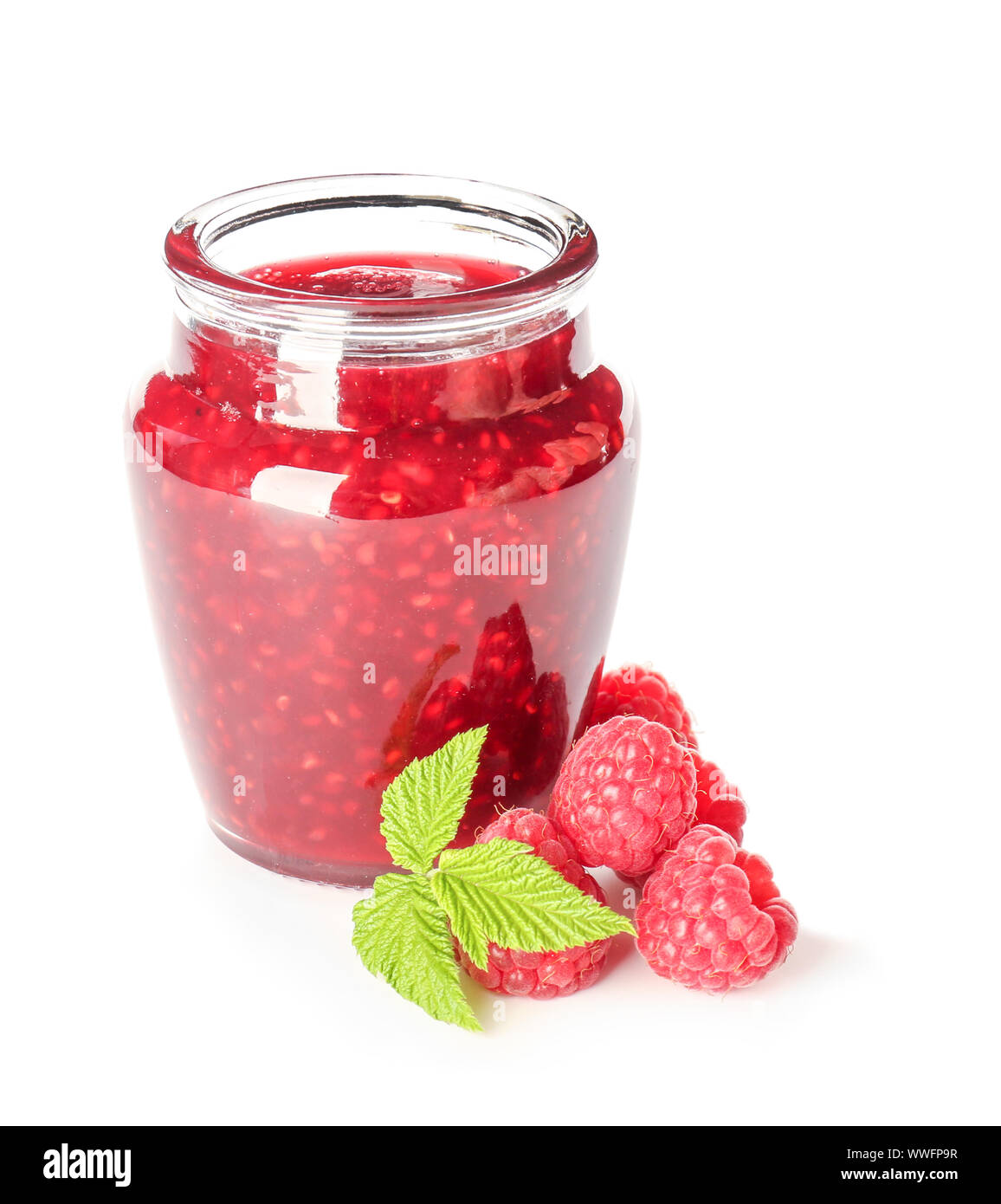 Jar of tasty raspberry jam on white background Stock Photo - Alamy