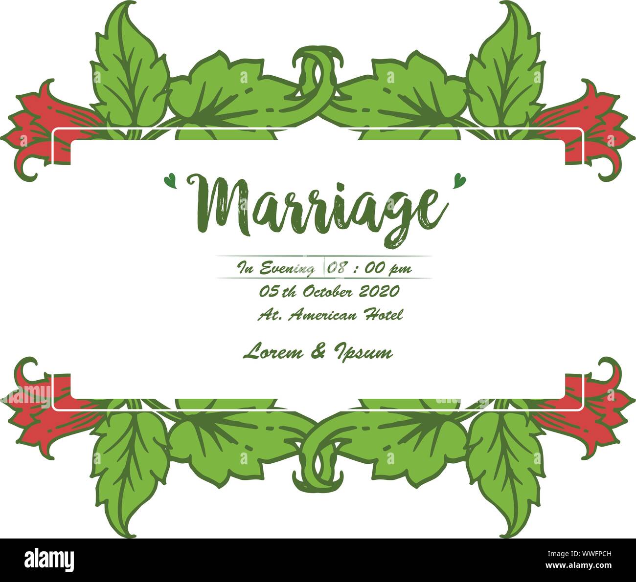 Design card of marriage with decorative of red wreath frame elegant ...