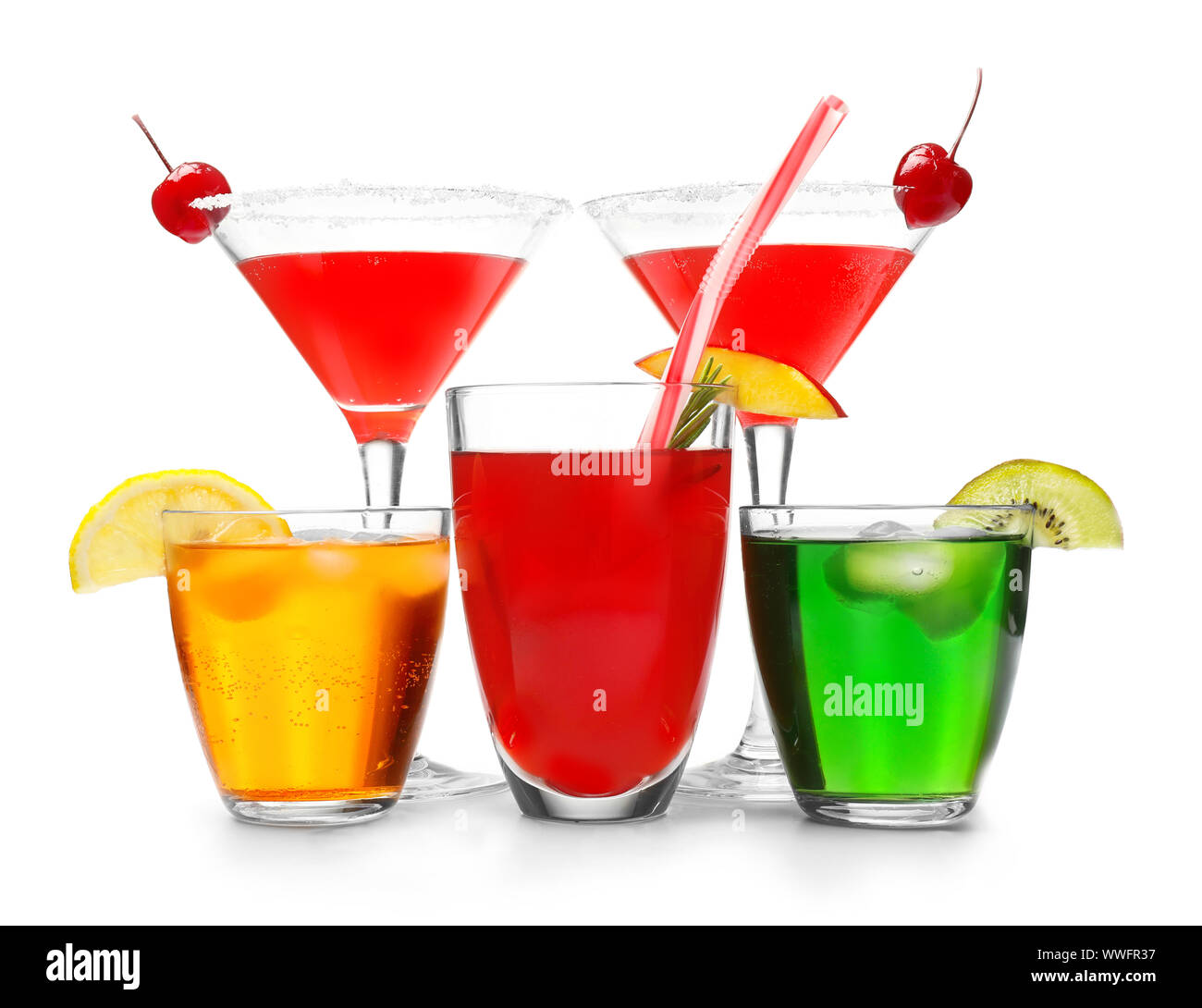 Different tasty cocktails on white background Stock Photo - Alamy