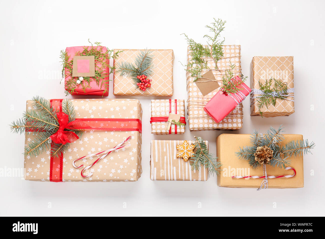 Beautiful Christmas gift boxes on white background Stock Photo - Alamy