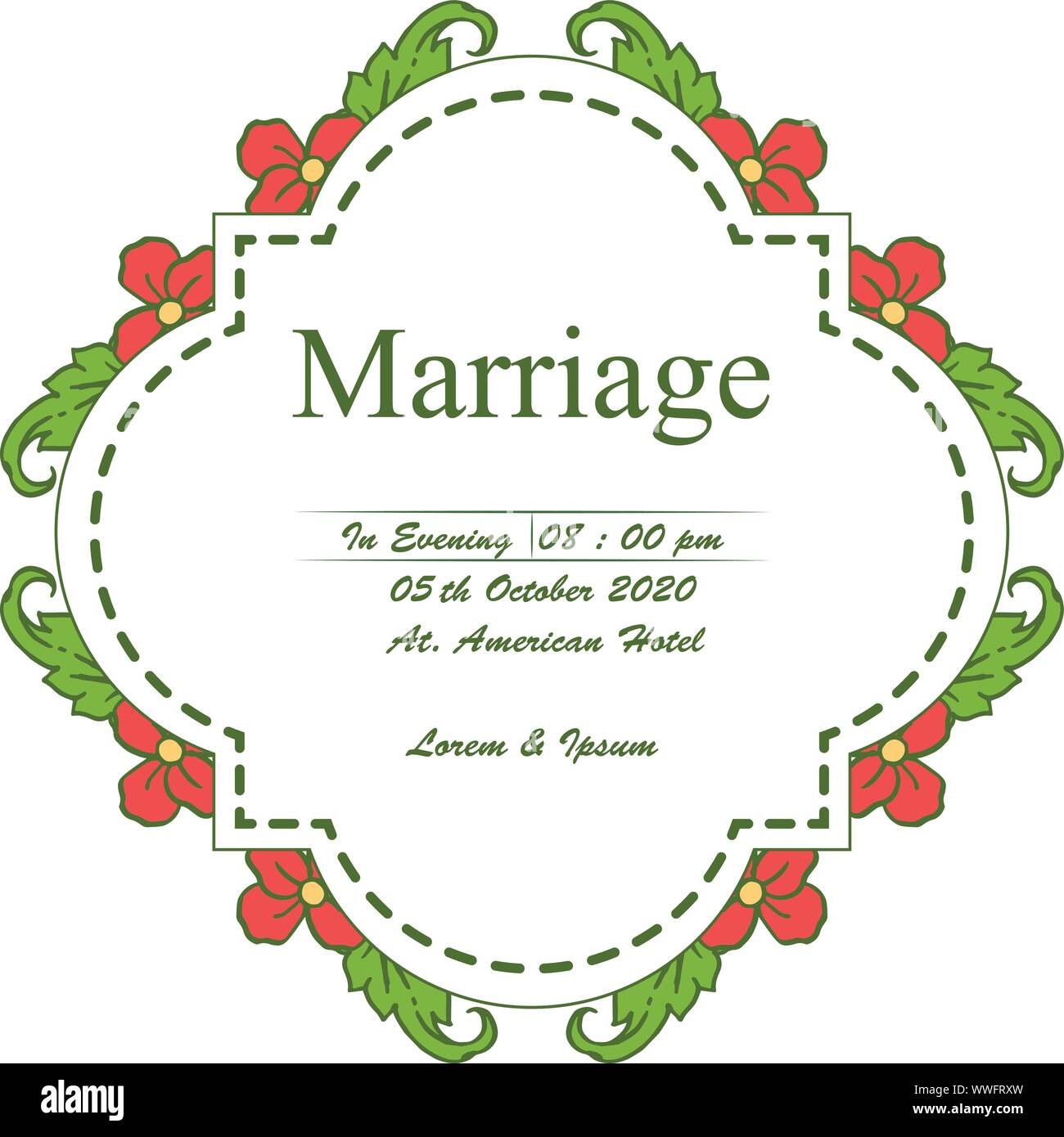 Ornate element of card marriage, with beauty of red flower frame ...